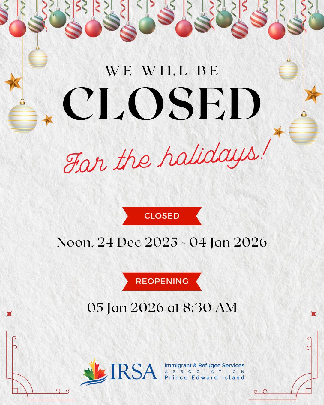 Holiday Office Closure Notice - Immigrant and Refugee Services ...